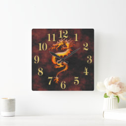 Oriental Asian Gold Dragon Designer Timepiece Square Wall Clock | Zazzle