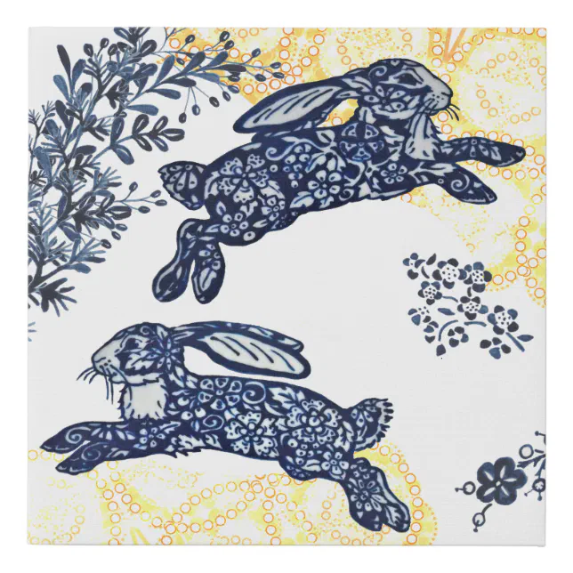 Oriental Blue and White Chinoiserie Bunny Rabbit Faux Canvas Print | Zazzle