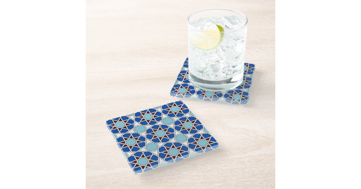 Oriental Blue White Moroccan Geometric Vector Art Glass Coaster | Zazzle
