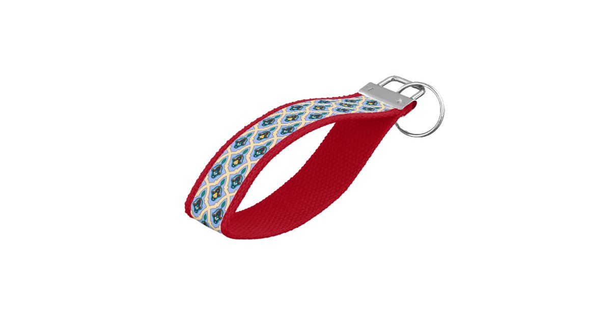 Oriental Blue Yellow Moroccan Arabic Tracery Art Wrist Keychain | Zazzle