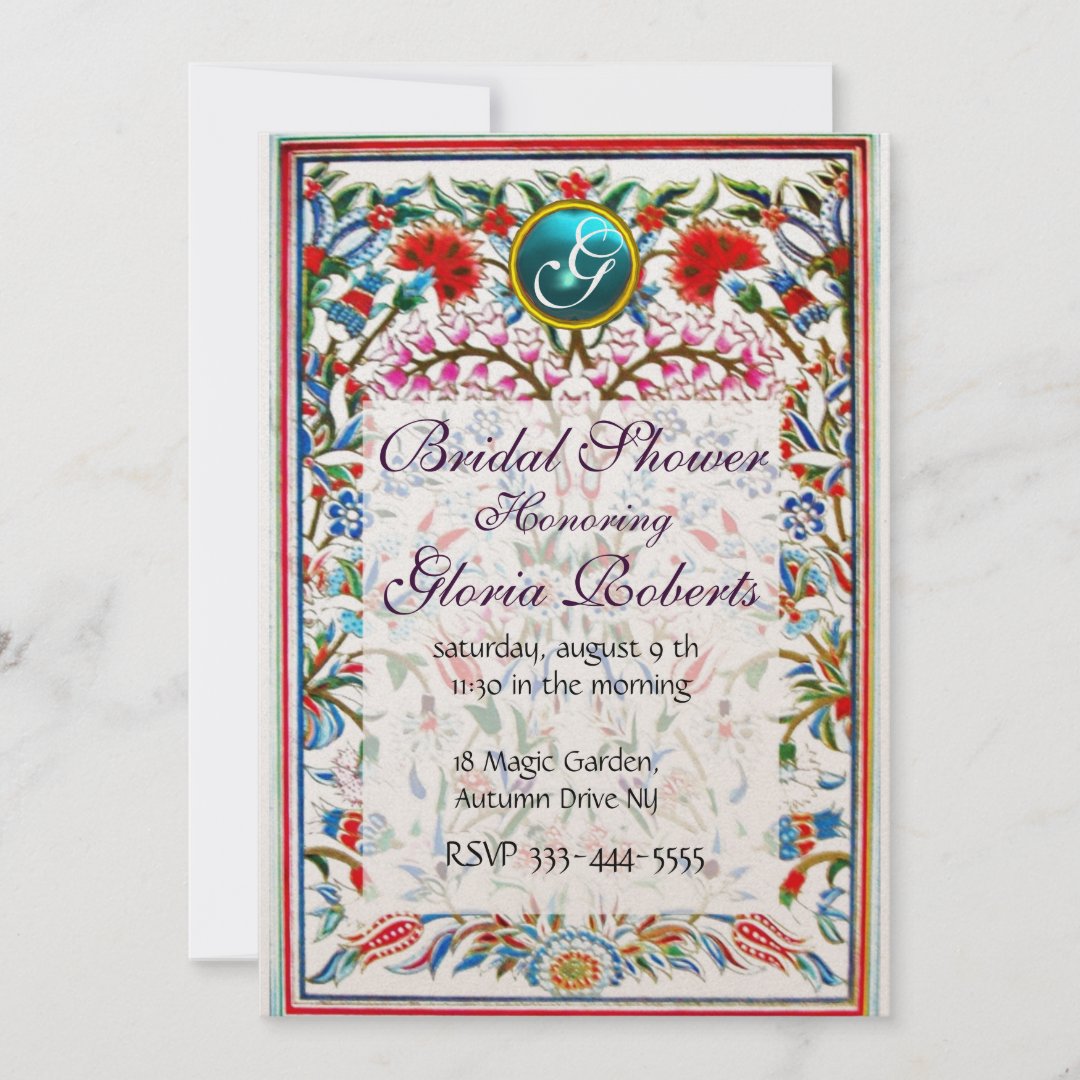 ORIENTAL FLOWERS DAMASK GEM MONOGRAM Pink Blue Invitation | Zazzle