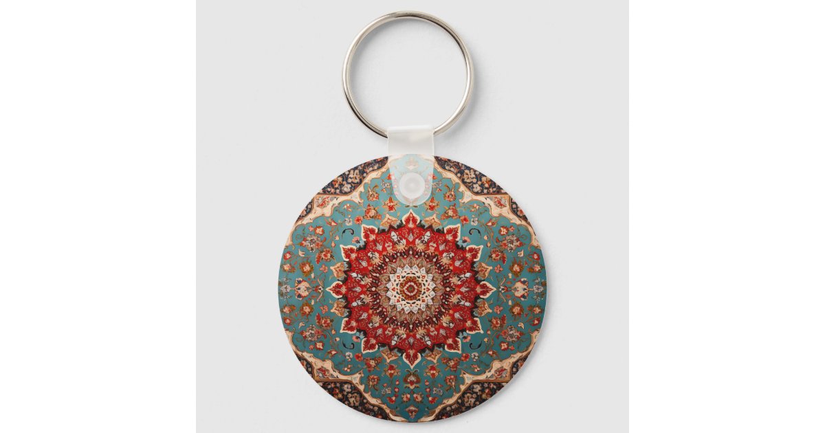 Oriental Persian Pattern Red Cream Blue Keychain | Zazzle