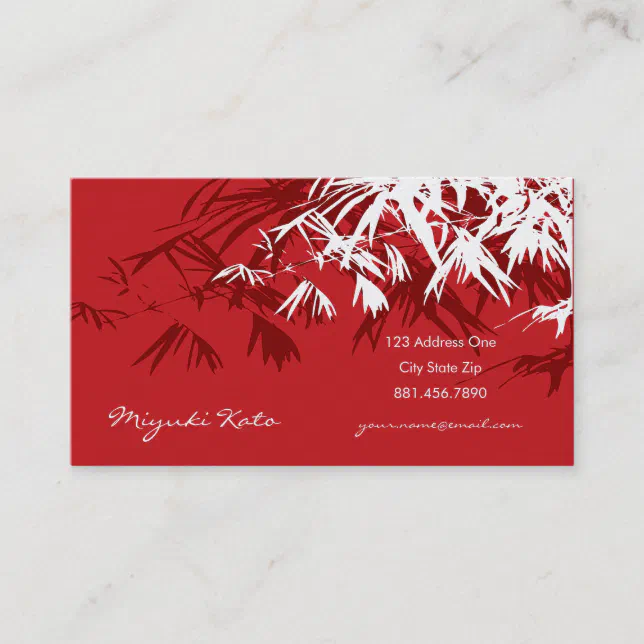 Oriental Red And White Bamboo Leaves Stylish Zen Business Card | Zazzle