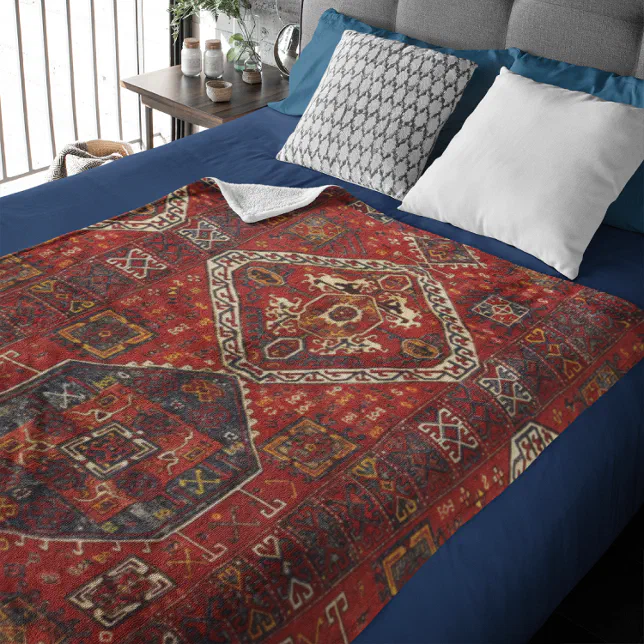 Oriental rug design in dark red no5 fleece blanket | Zazzle