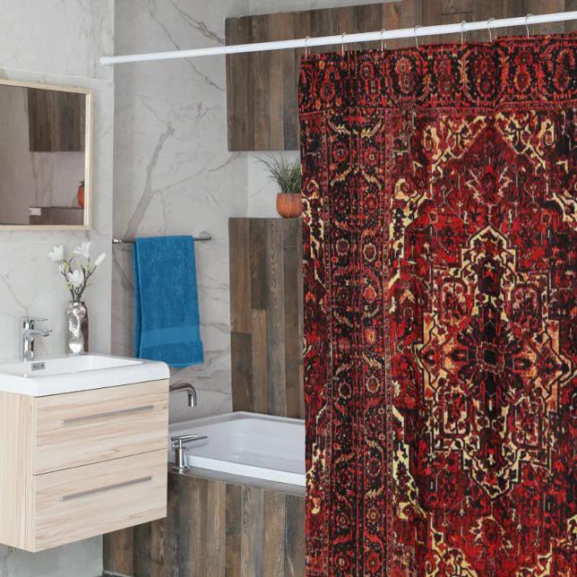 Oriental rug design in dark red shower curtain | Zazzle