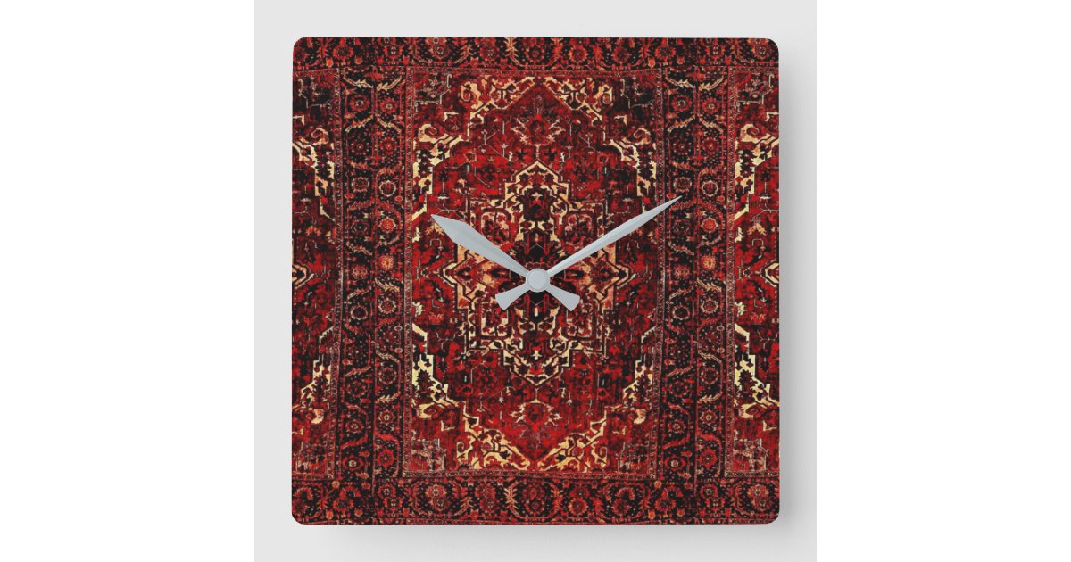Oriental rug design in dark red square wall clock | Zazzle