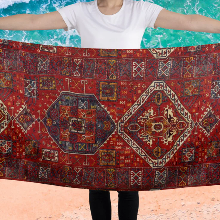 Oriental rug design in red and blue beach towel | Zazzle