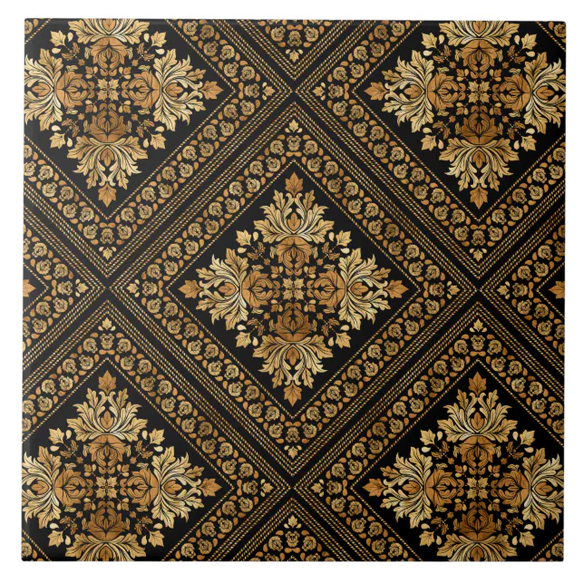 Oriental Vintage Damask pattern - Black and gold Ceramic Tile | Zazzle