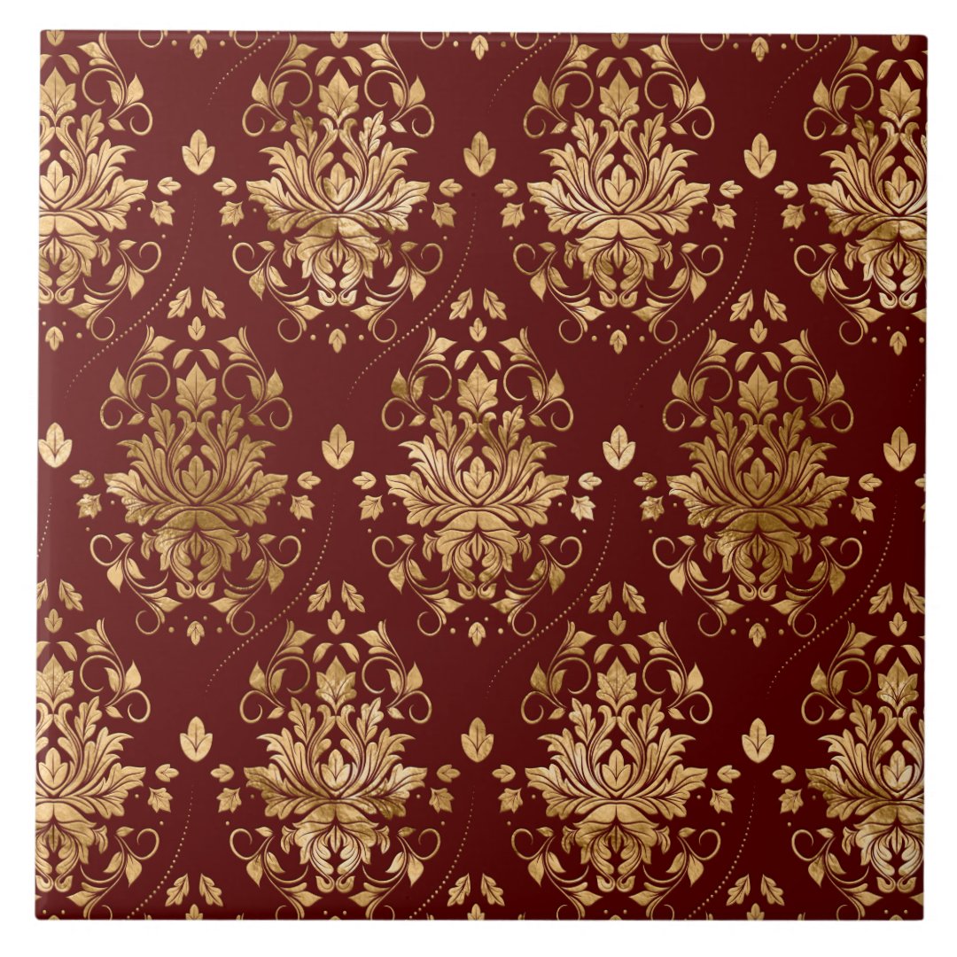 Oriental Vintage Damask Pattern - Red and gold Ceramic Tile | Zazzle