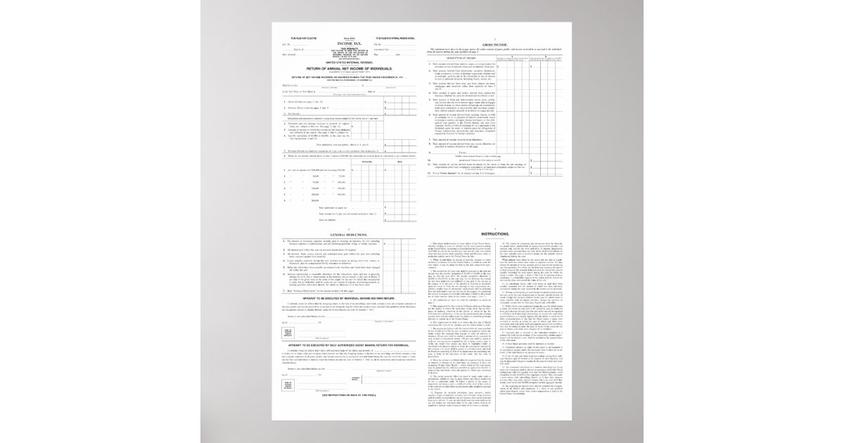 Original Income Tax Form 1040 from 1913 (4) Pages Poster | Zazzle