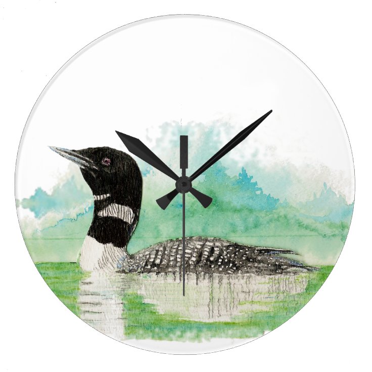 Original Watercolor Common Loon Bird Large Clock | Zazzle