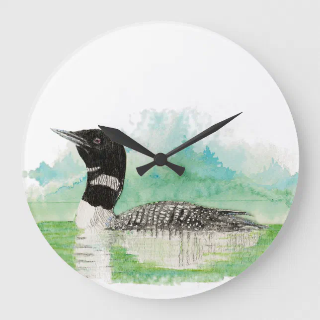 Original Watercolor Common Loon Bird Large Clock | Zazzle