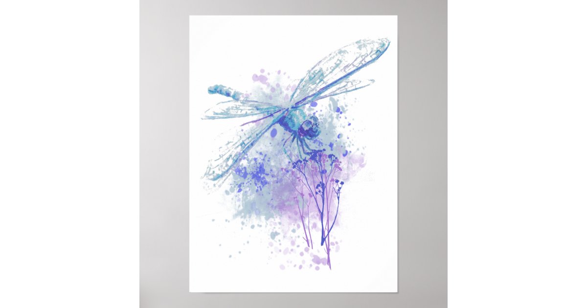 Original Watercolor Dragonfly in Blue Mauve Nature Poster | Zazzle