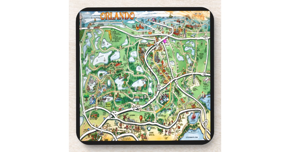 Orlando Florida Cartoon Map Drink Coaster | Zazzle