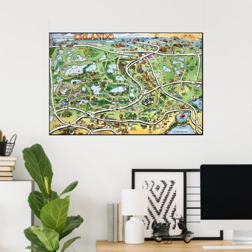 Orlando Florida Cartoon Map Poster | Zazzle