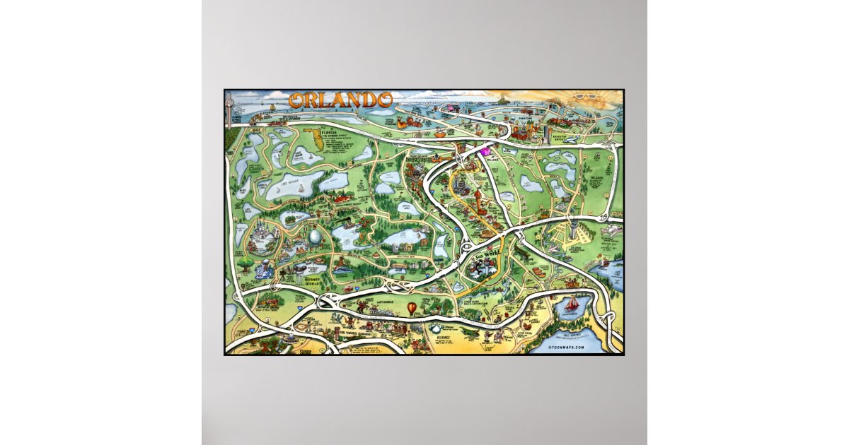 Orlando Florida Cartoon Map Poster | Zazzle