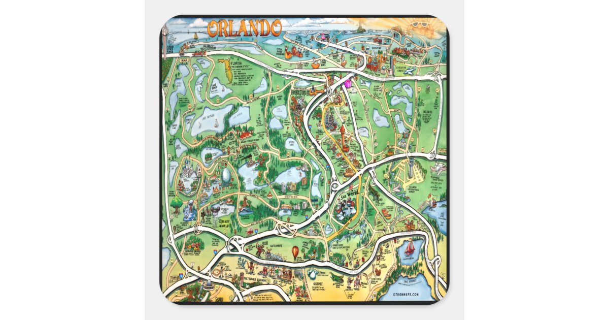 Orlando Florida Cartoon Map Square Sticker | Zazzle