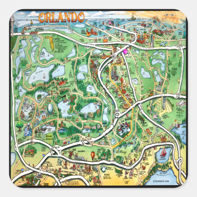 Orlando Florida Cartoon Map Square Sticker | Zazzle
