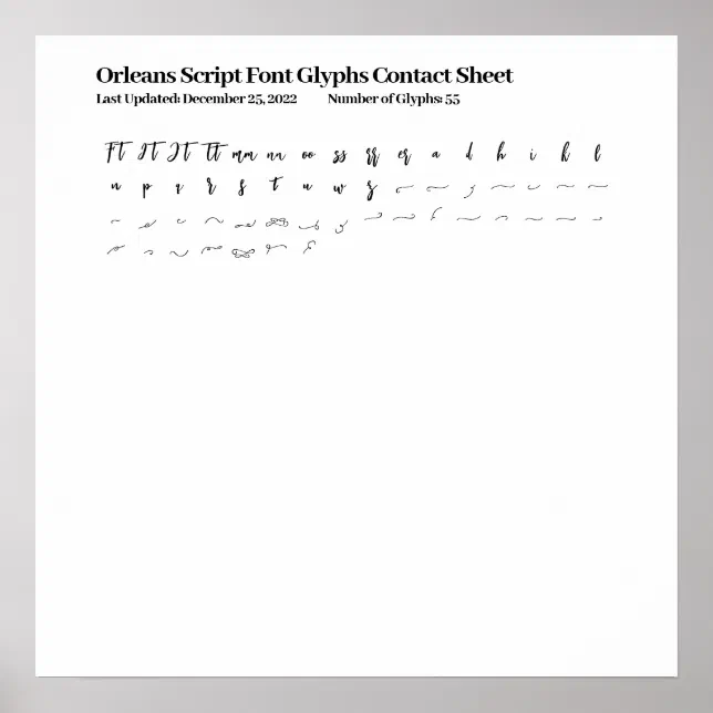 Orleans Script Font Glyphs Contact Sheet Poster | Zazzle