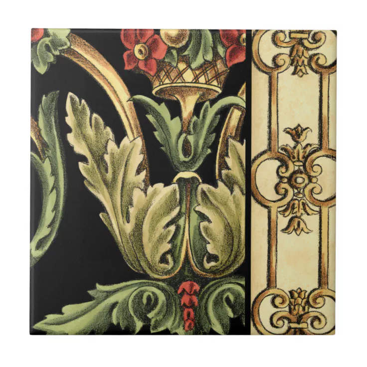 Ornamental Floral Design with Black Borders Tile | Zazzle