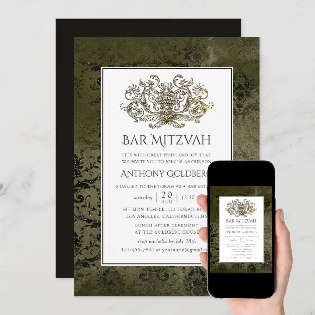 Ornamental Vintage Damask Bar Mitzvah Invitation | Zazzle