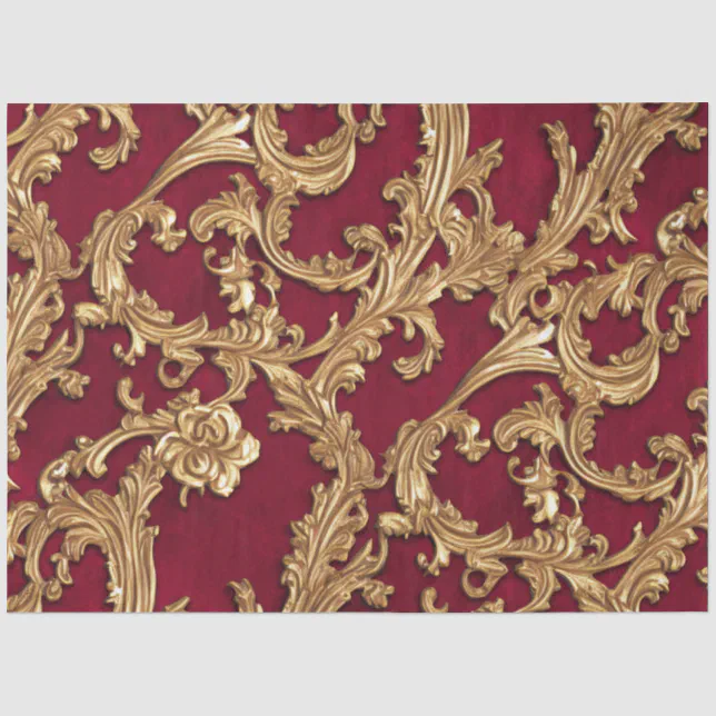 Ornate Baroque Golden Floral Damask Red Velvet Tissue Paper | Zazzle