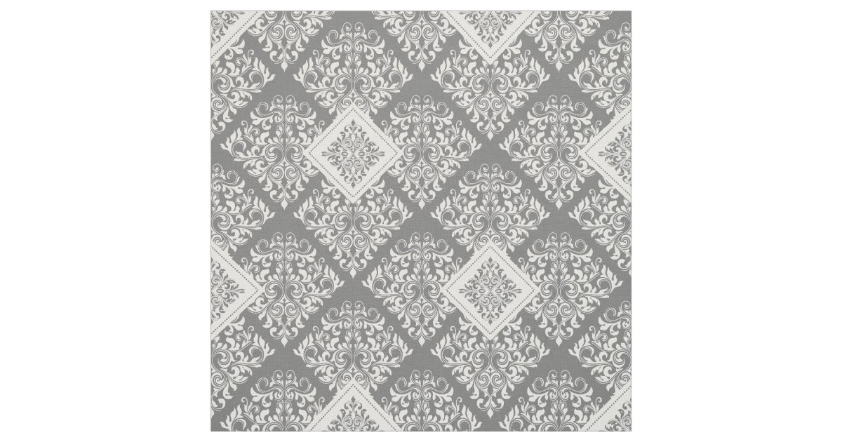 ornate baroque white gray Damask Fabric | Zazzle