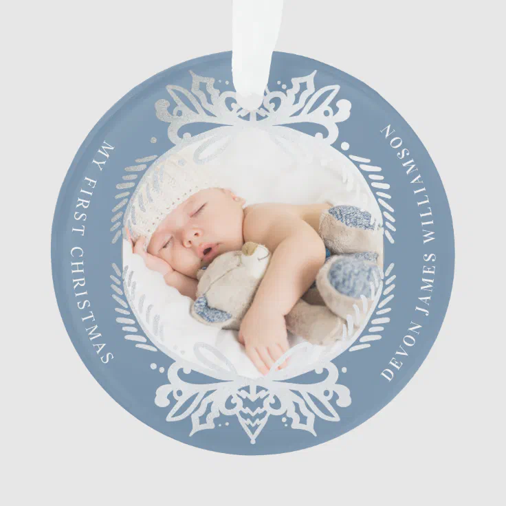 Ornate Blue & Silver Crest Baby's First Christmas Ornament | Zazzle