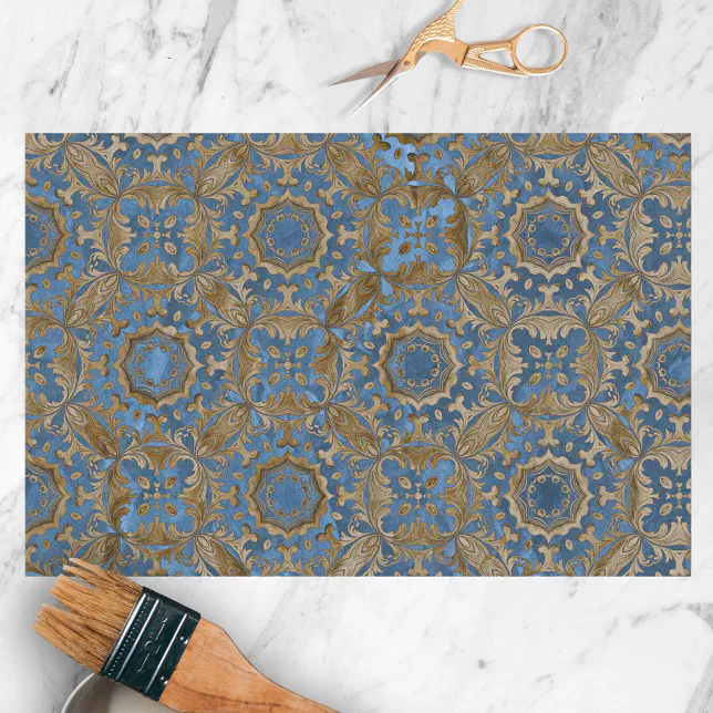 Ornate Classic Blue and Gold Damask Pattern Tissue Paper | Zazzle