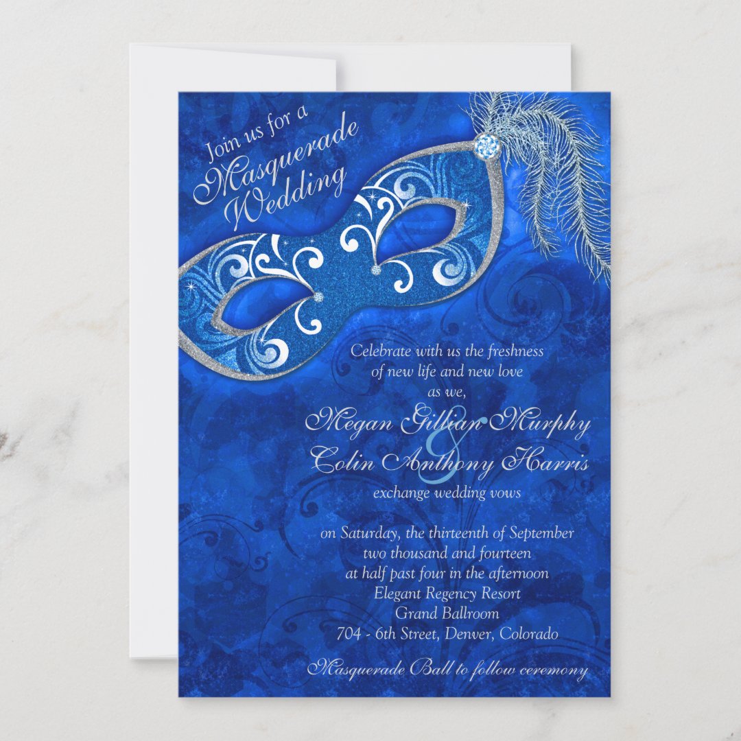 Ornate Cobalt Blue Silver Masquerade Ball Wedding Invitation | Zazzle