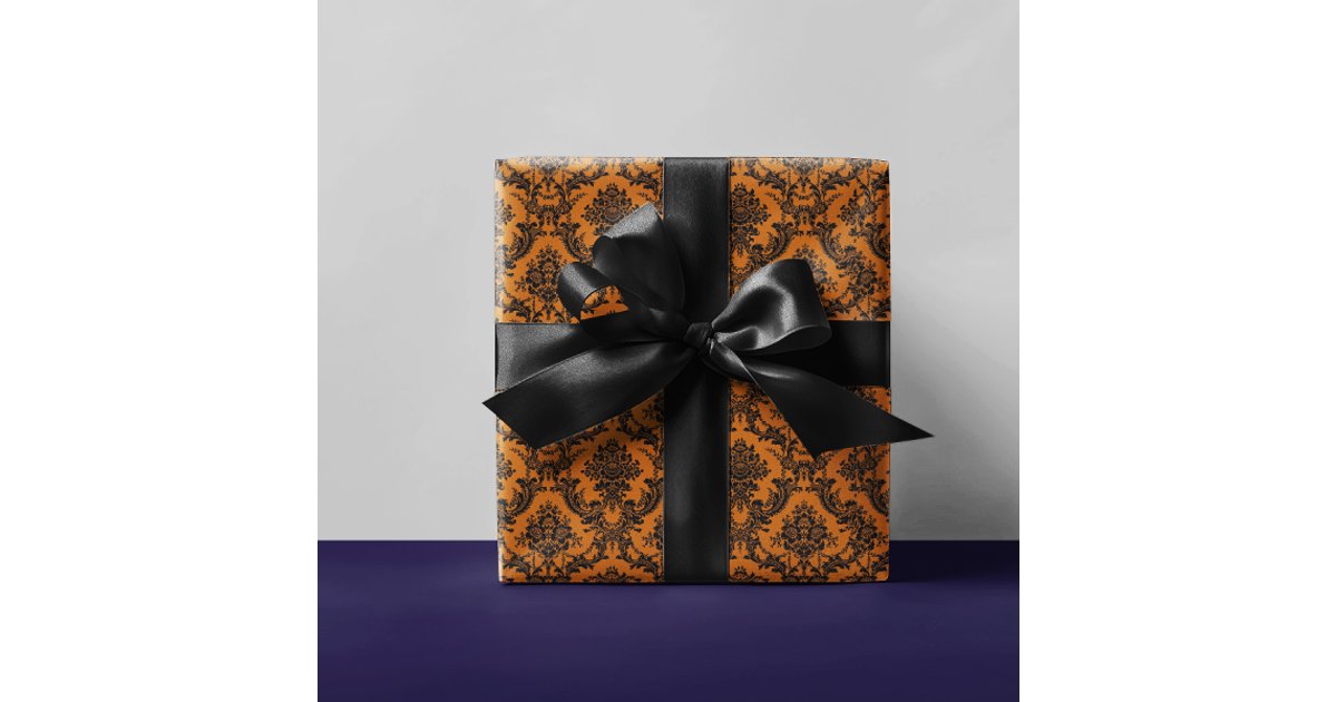 Ornate Damask Vintage Pattern Orange Halloween Wrapping Paper | Zazzle