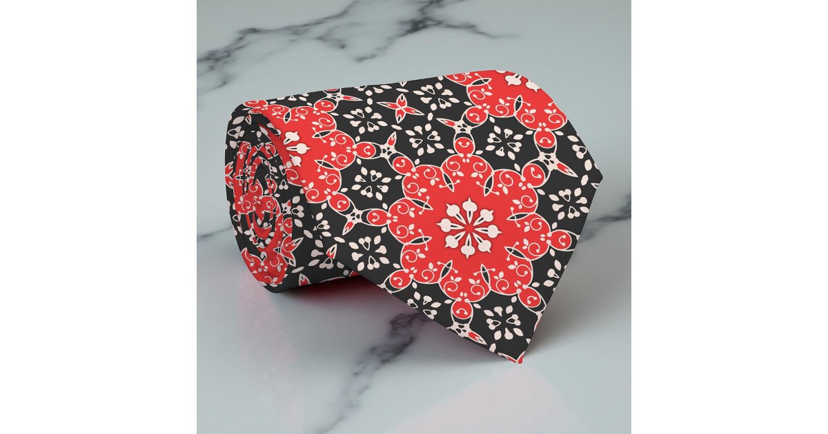Ornate Elegant Lacy Mosaic Red Black and White Neck Tie | Zazzle