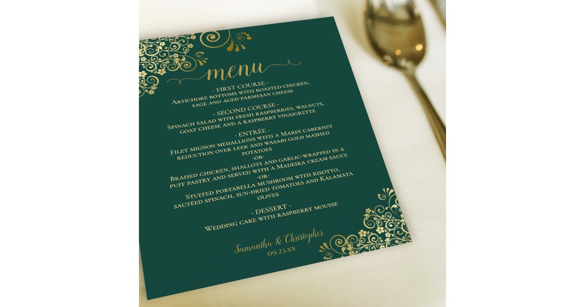 Ornate Emerald Green & Gold Budget Wedding Menu | Zazzle