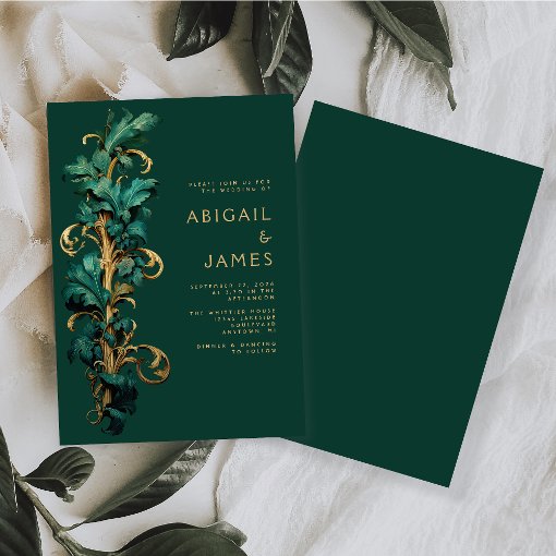 Ornate Emerald Green Gold Rococo Foliage Wedding Invitation | Zazzle