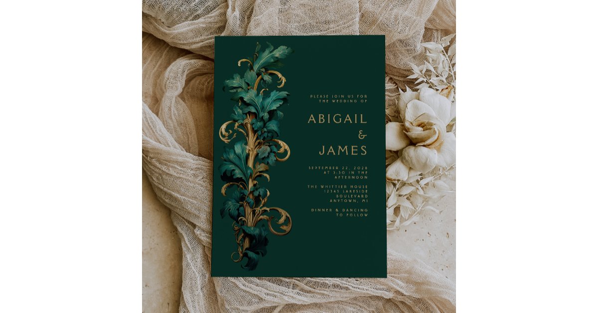 Ornate Emerald Green Gold Rococo Foliage Wedding Invitation | Zazzle