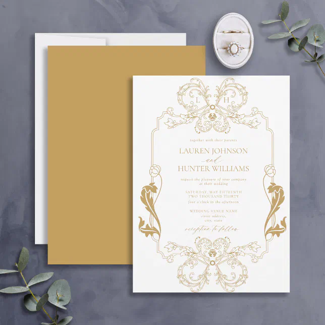 Ornate Gold Floral Line Art Monogram Wedding Invitation | Zazzle