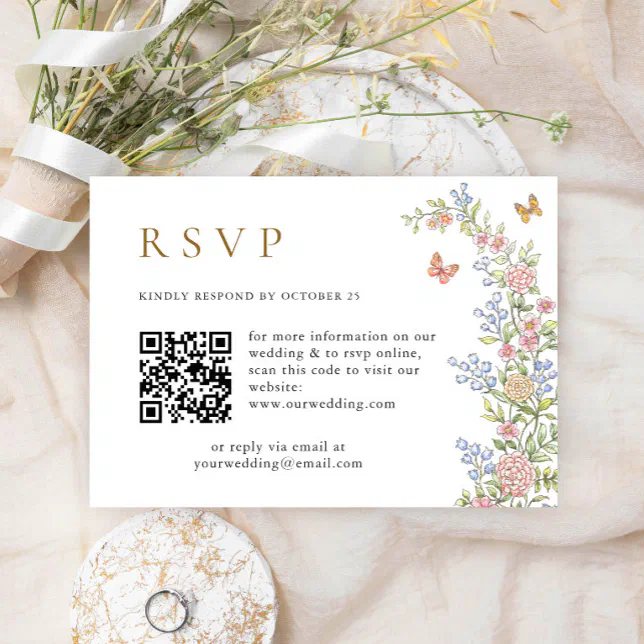 Ornate Grace Pastel Blush Floral QR code Wedding RSVP Card | Zazzle