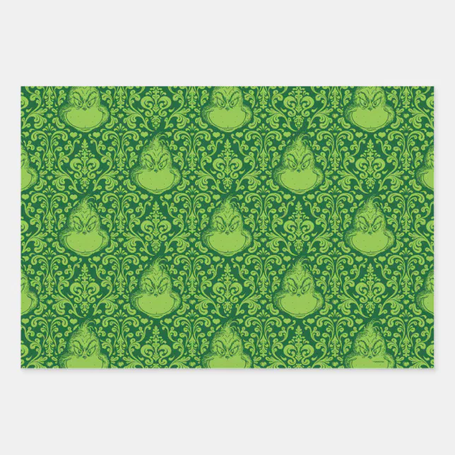 Ornate Green Grinch Pattern Wrapping Paper Sheets | Zazzle