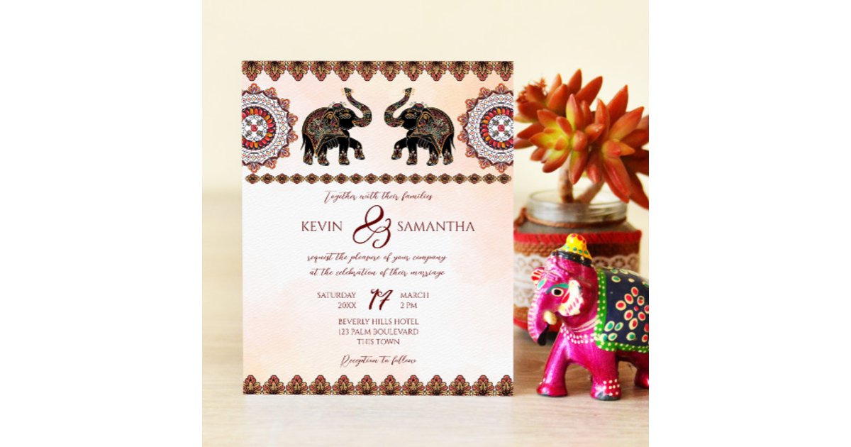 Ornate Indian elephant budget wedding invitation | Zazzle
