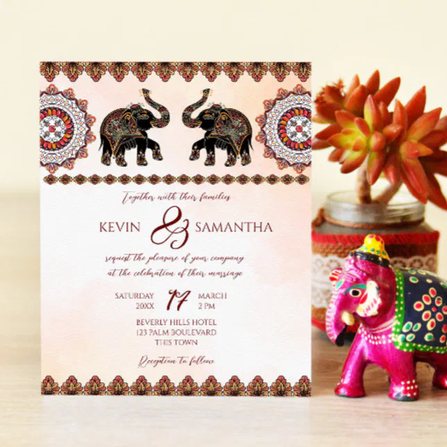Ornate Indian elephant budget wedding invitation | Zazzle