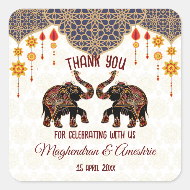 Ornate Indian elephant Indian wedding personalized Square Sticker | Zazzle