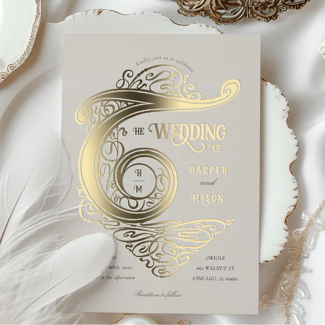 Ornate Monogram Wedding Elegant Typography Foil Invitation | Zazzle