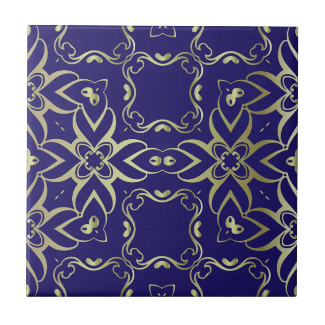 Ornate Navy Blue And Gold Baroque Royal Pattern Ceramic Tile | Zazzle