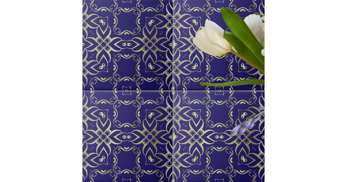 Ornate Navy Blue And Gold Baroque Royal Pattern Ceramic Tile | Zazzle