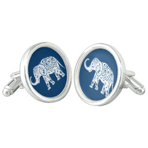 Ornate Patterned Blue Elephant Cufflinks | Zazzle