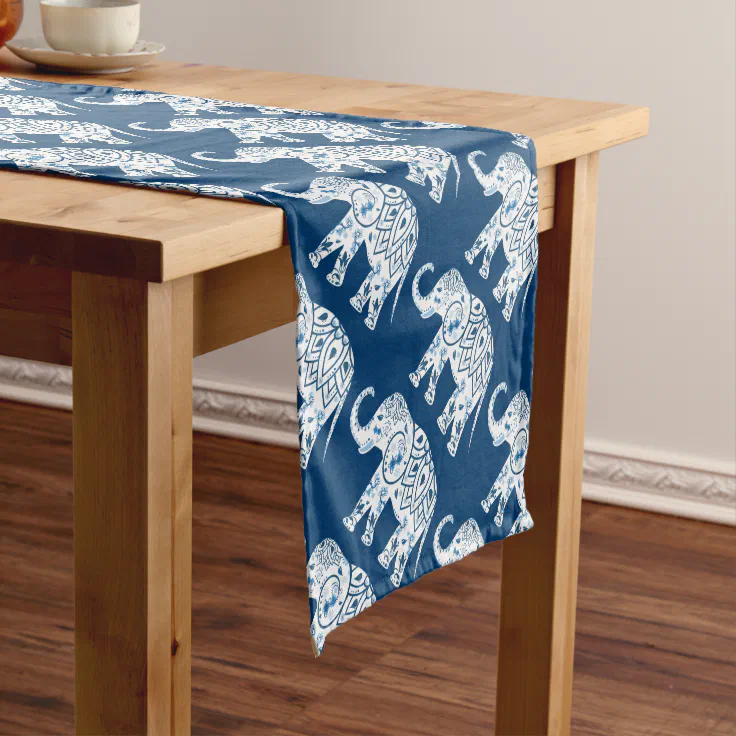 Ornate Patterned Blue Elephant Short Table Runner | Zazzle