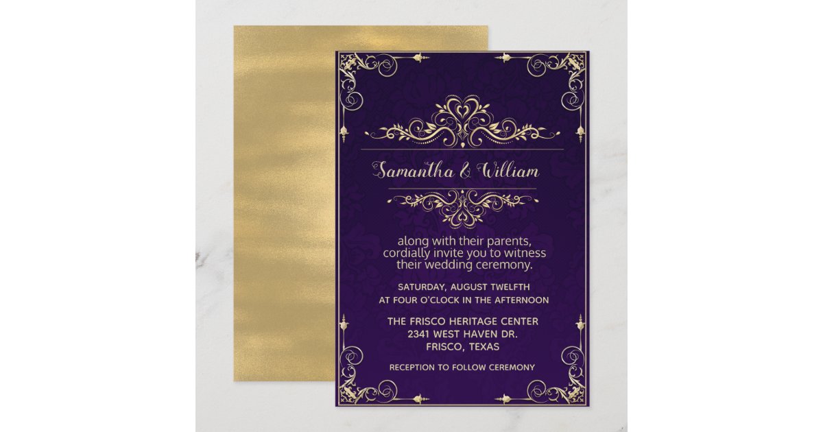 Ornate Purple and Gold Wedding Invitation | Zazzle