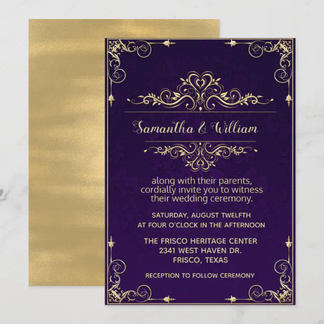 Ornate Purple and Gold Wedding Invitation | Zazzle