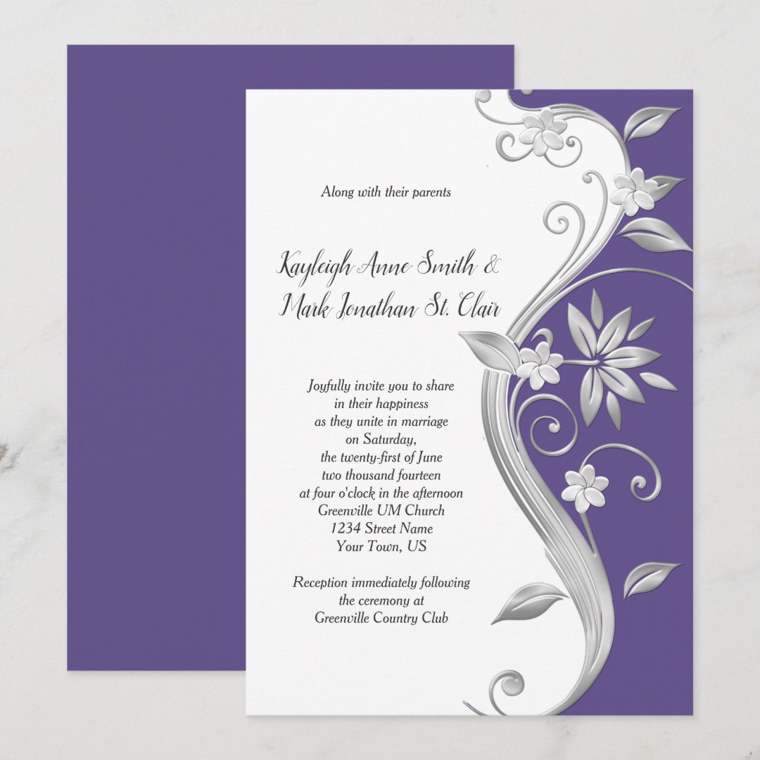 Ornate Purple and Silver Floral Swirls Wedding Invitation | Zazzle