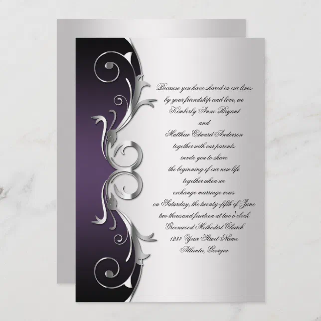Ornate Purple Black Silver Wedding Celebration Invitation | Zazzle